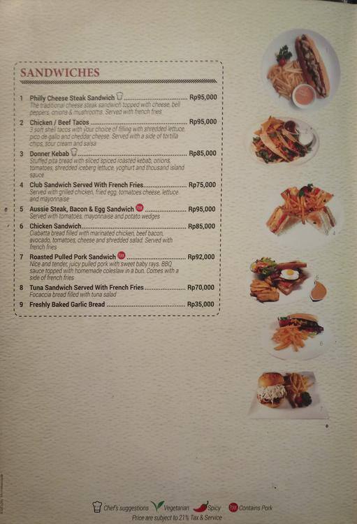 Menu at Ex-Aphrodite pub & bar, South Jakarta