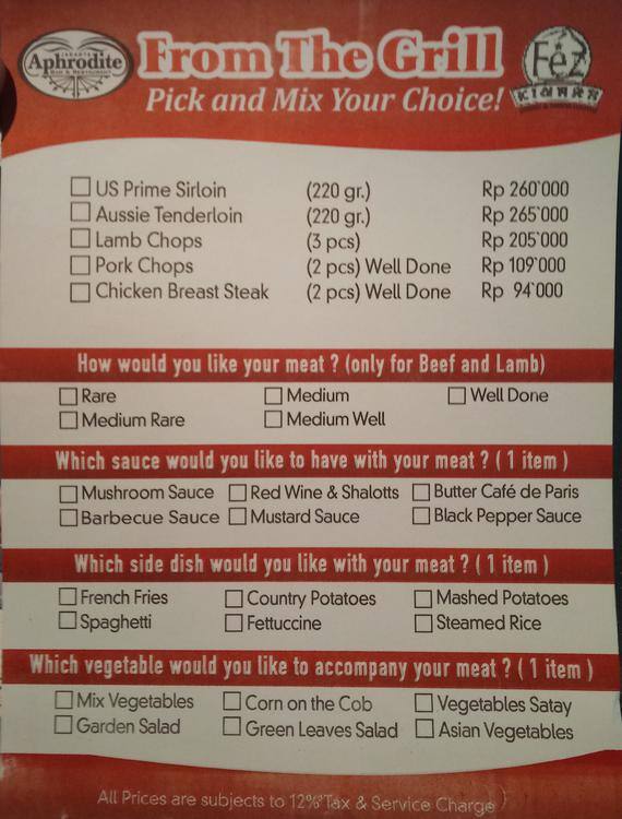 Menu at Ex-Aphrodite pub & bar, South Jakarta