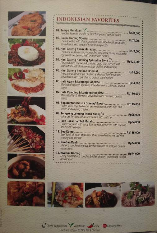 Menu at Ex-Aphrodite pub & bar, South Jakarta