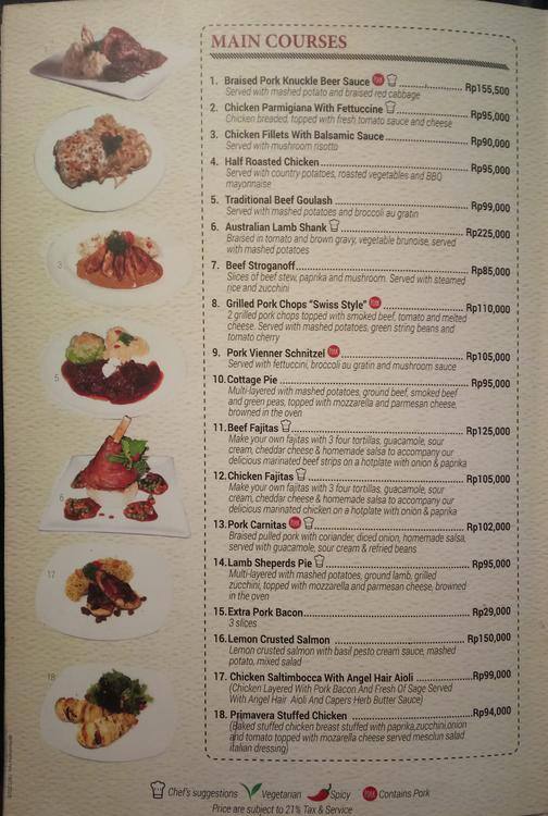 Menu at Ex-Aphrodite pub & bar, South Jakarta