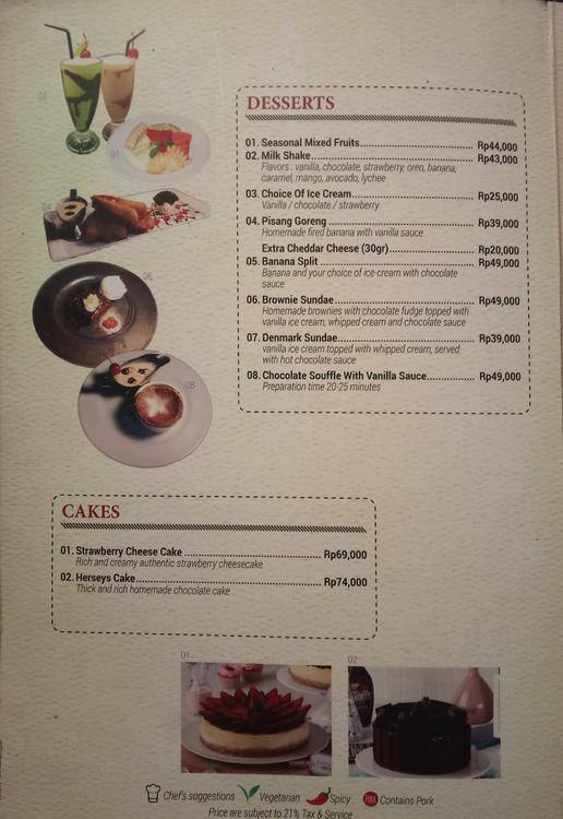 Menu at Ex-Aphrodite pub & bar, South Jakarta