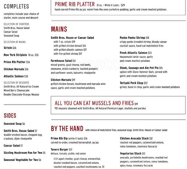 Menu at Smith Bros. Steakhouse Tavern, Toronto