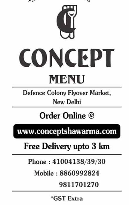 Menu at Concept Shawarma, New Delhi, 142 Defence Colony Flyover