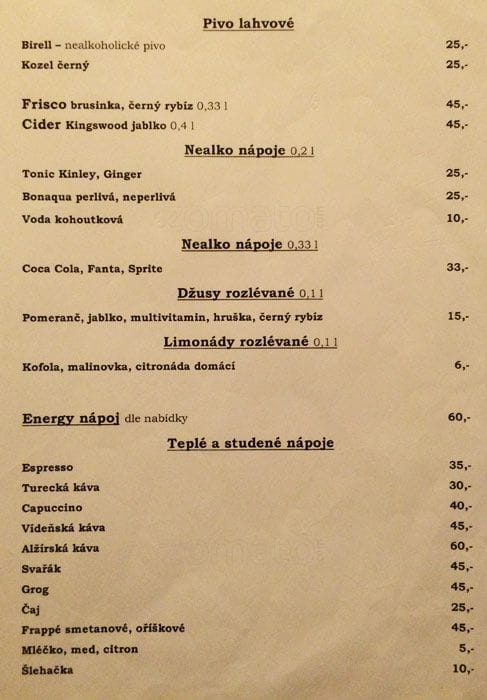 Menu at Hospůdka Baba Jaga pub & bar, Prague