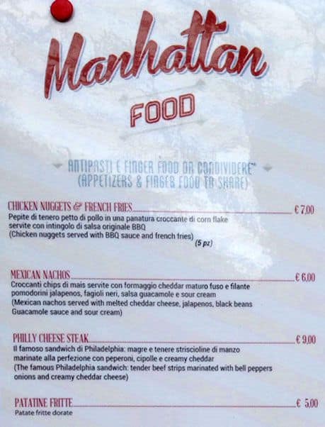Menu da Manhattan Bar, Roma, rm