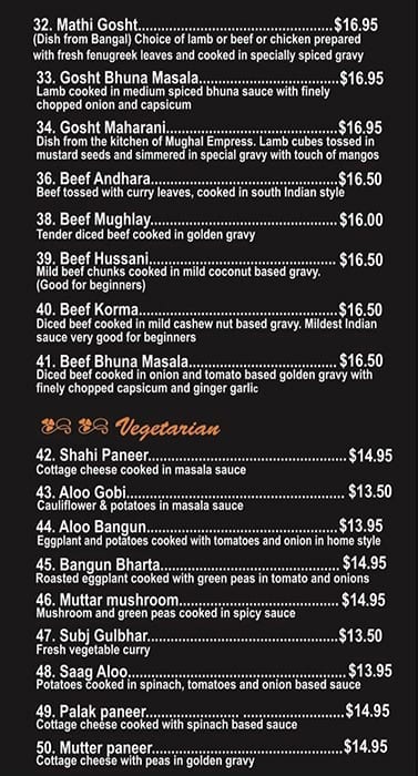 Carta de Priya Indian Restaurant, Point Cook