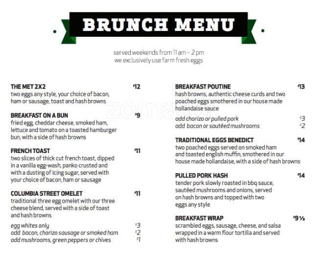 Menu at Met Bar & Grill, New Westminster