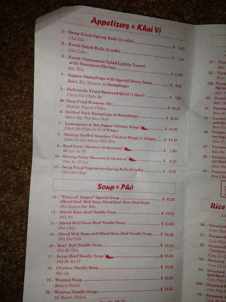 Menu at Taste of Saigon restaurant, Yellowknife