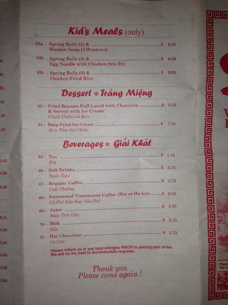 Menu at A Taste of Saigon restaurant, Yellowknife