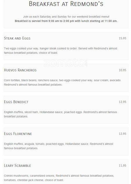 Menu at Redmond's Bar & Grill, Redmond