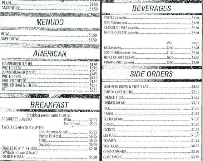 Menu at Luna's Mexican Restaurant, Arvada, W 64th Ave