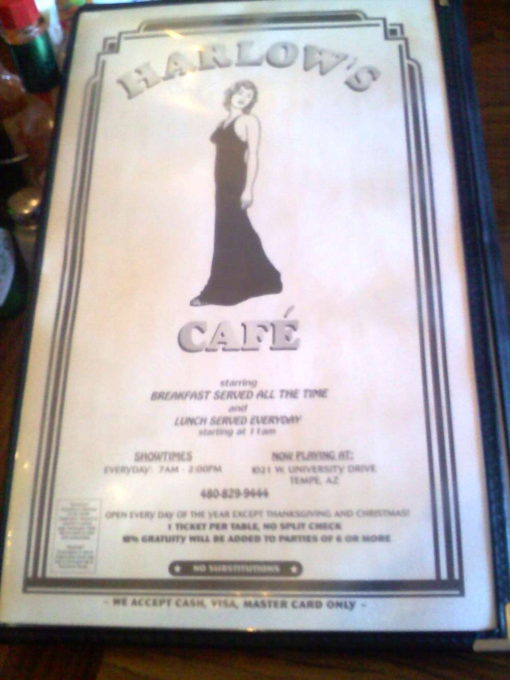 Menu at Harlow's Cafe, Tempe