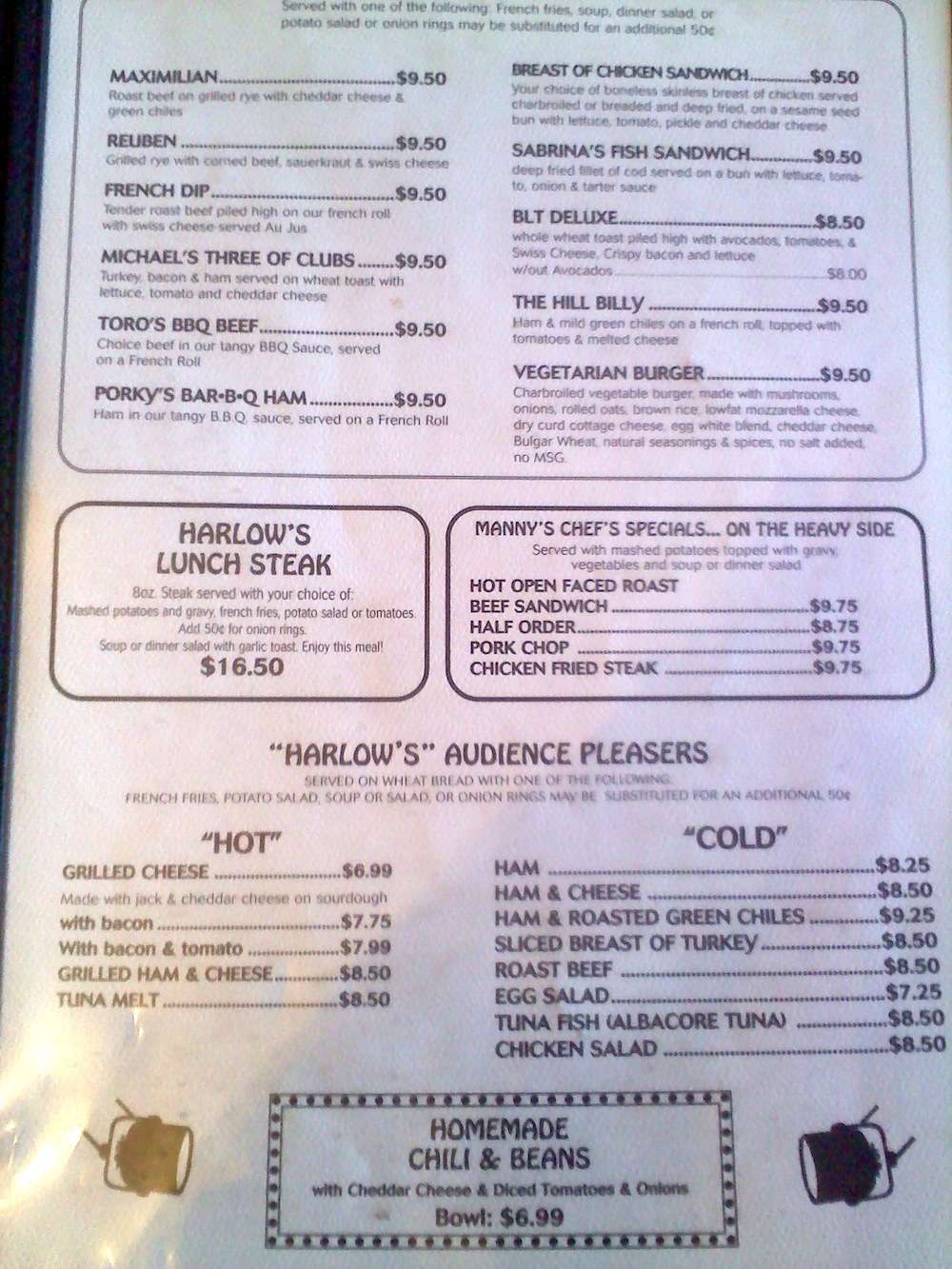 Menu at Harlow's Cafe, Tempe