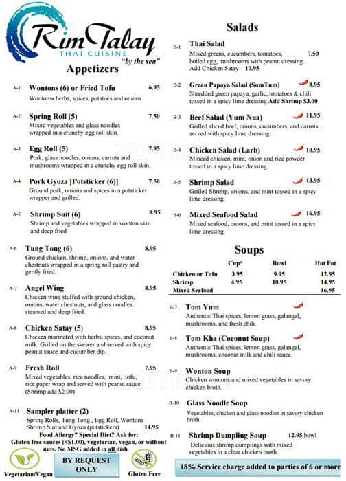 Menu at Rim Talay Thai Cuisine restaurant, Oceanside