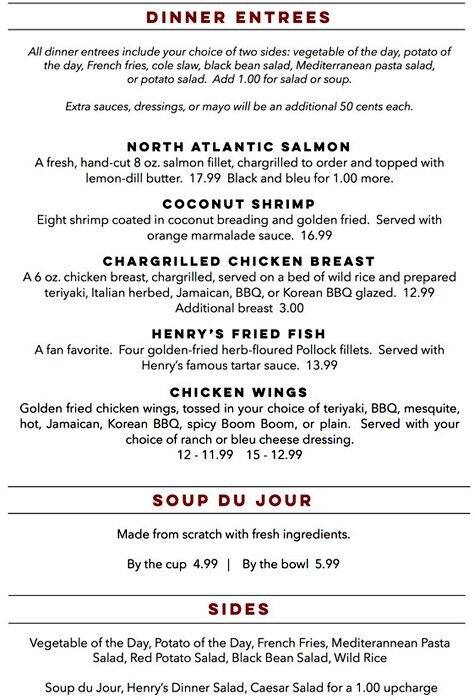 Menu at Henry's Restaurant, Fort Wayne