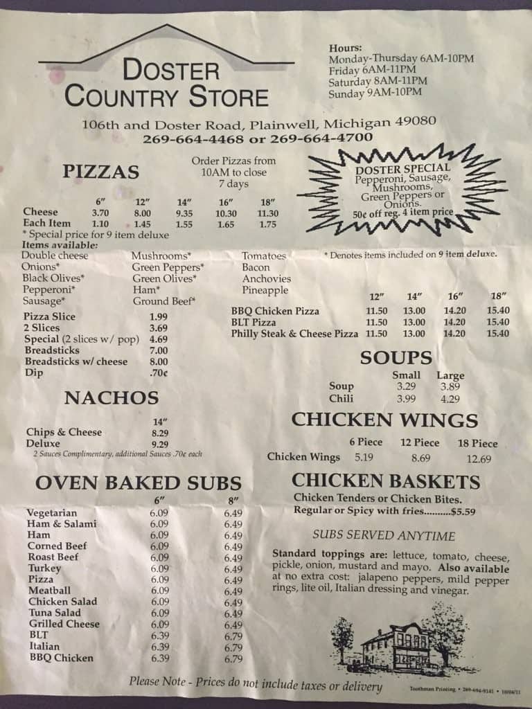 Menu at Doster Country Store pizzeria, Cooper Township