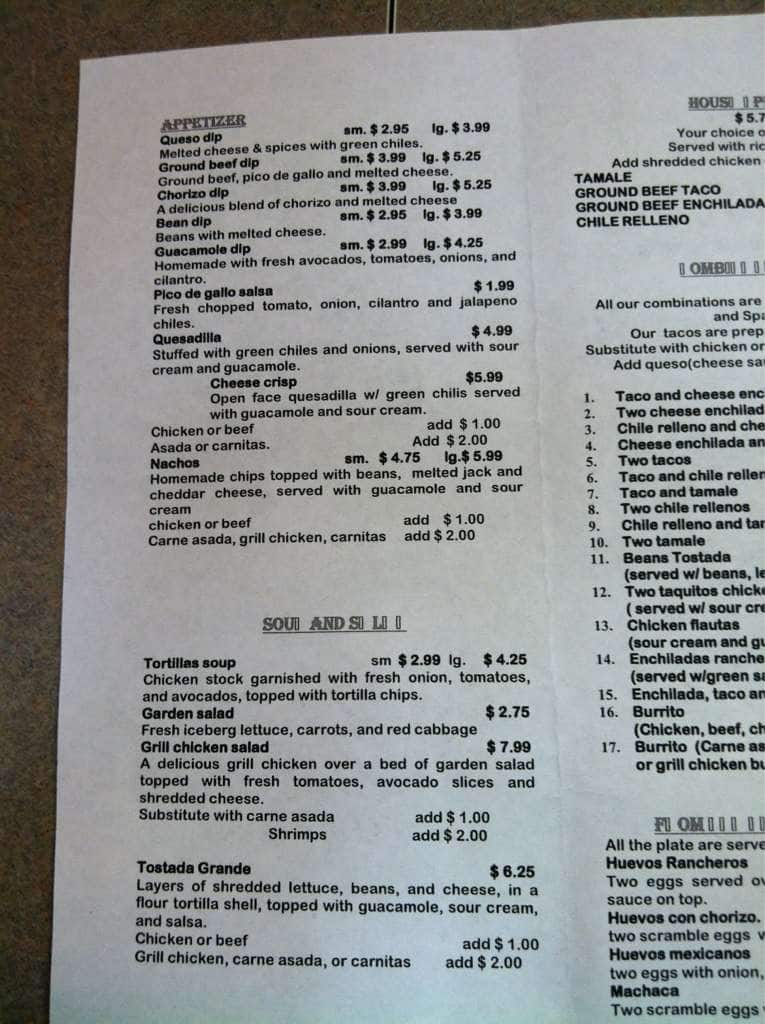 Menu at Girasoles Mexican Food restaurant, Denison