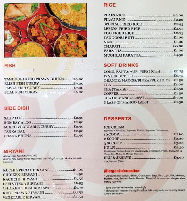 Menu at Ruchi restaurant, London, Flat 3