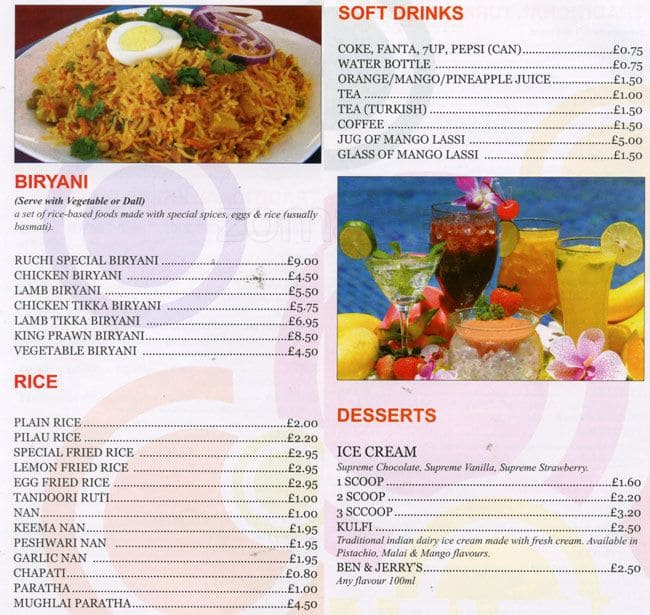 Menu at Ruchi restaurant, London, Flat 3
