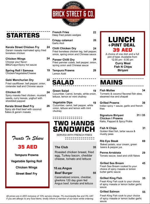 Menu at Brick Street & Company pub & bar, Dubai