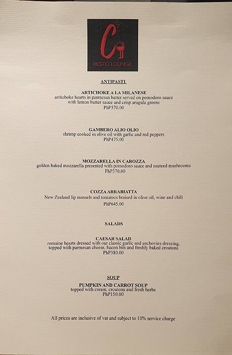 Menu at Cucina Cuore restaurant, Pasig