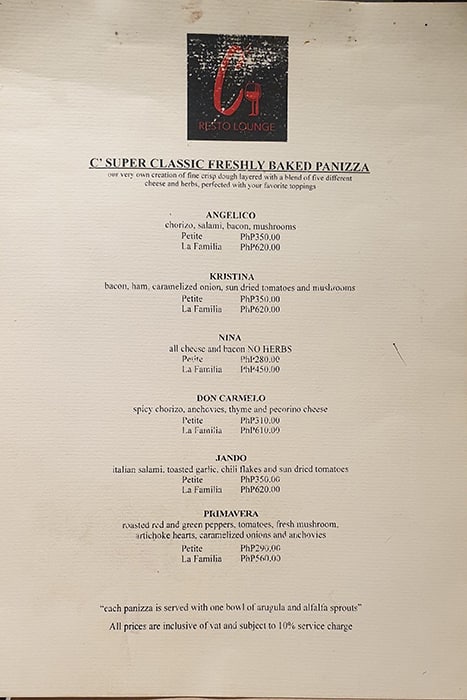 Menu at Cucina Cuore restaurant, Pasig