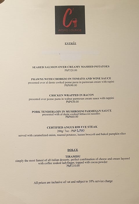 Menu at Cucina Cuore restaurant, Pasig