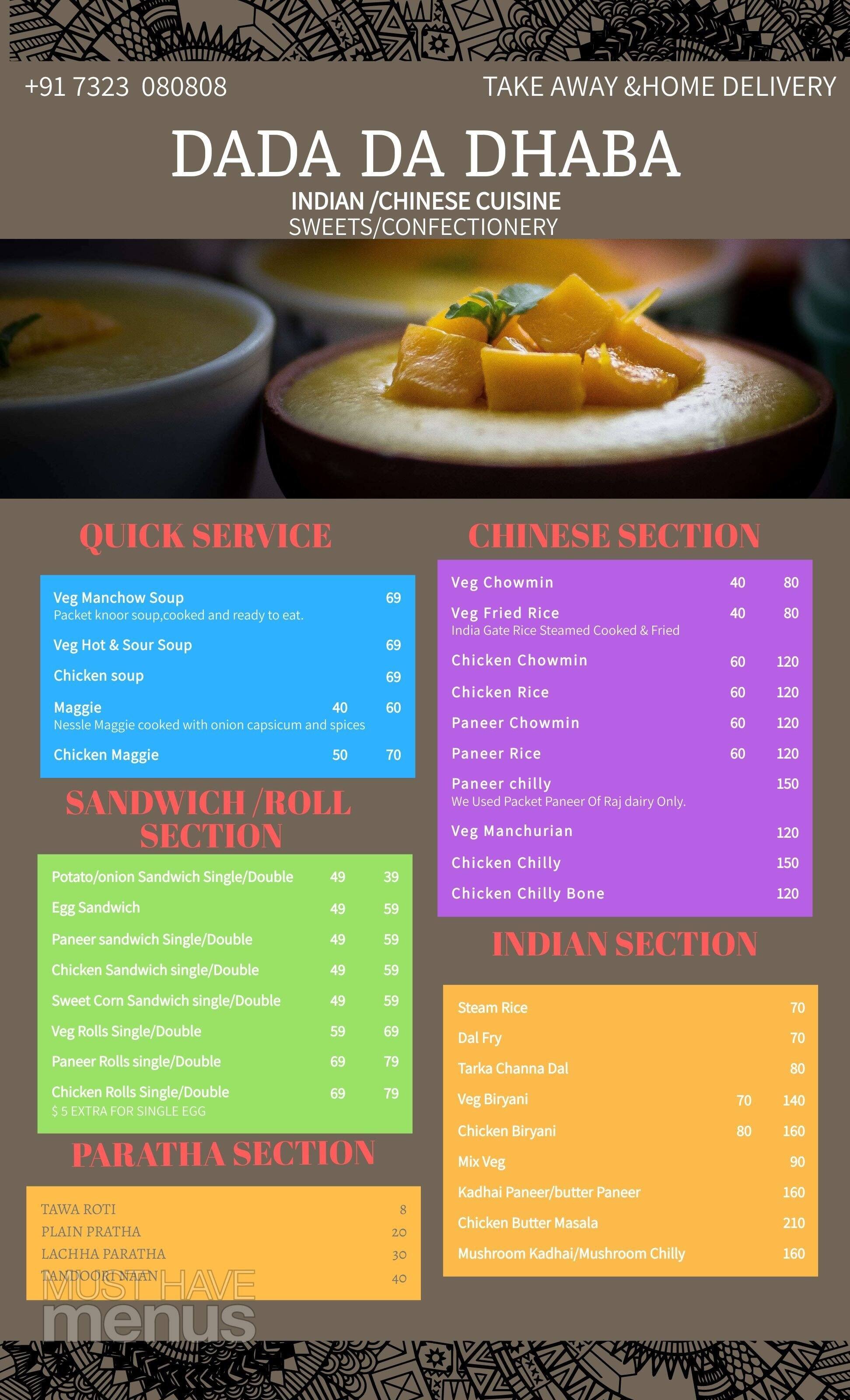 Menu at Dada Da Dhaba, Patna