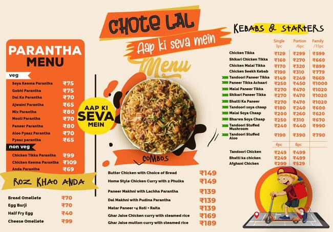 Menu of Chote Lal, Gujranwala Town, New Delhi