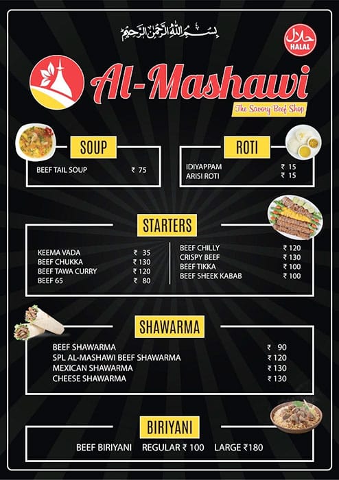 Menu at Al-Mashawi, Chennai