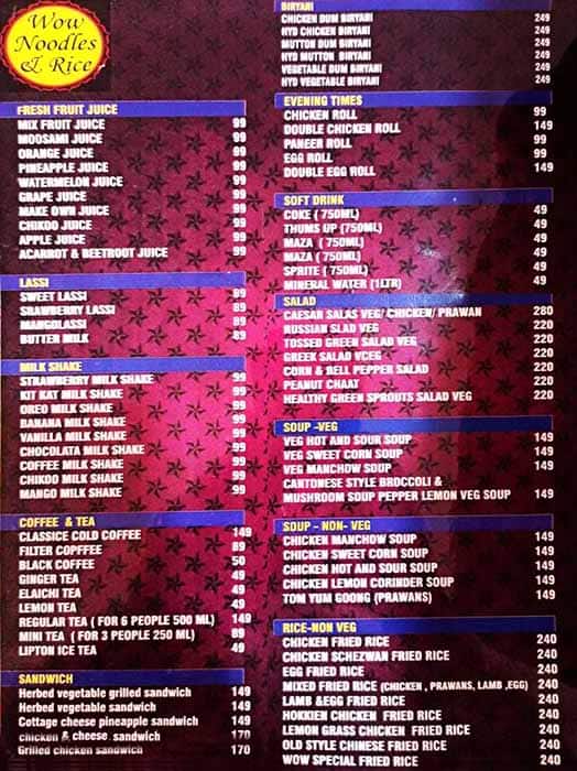 Menu of Wow Noodles & Rice, Koramangala 8th Block, Bangalore
