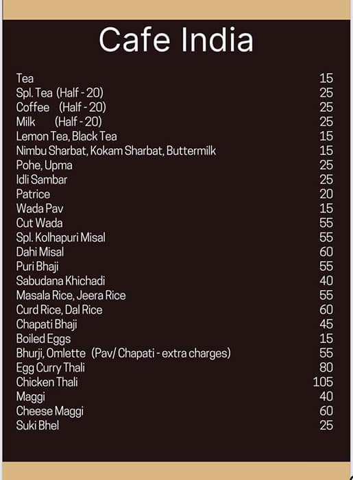 Menu of Cafe India, Nigdi, Pune