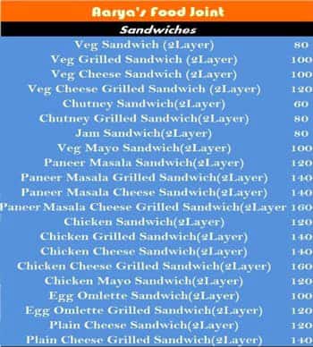 Menu of Aarya's Food Joint, Bavdhan, Pune