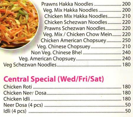 Menu at Central lunch home, Mumbai, Jivaji lane