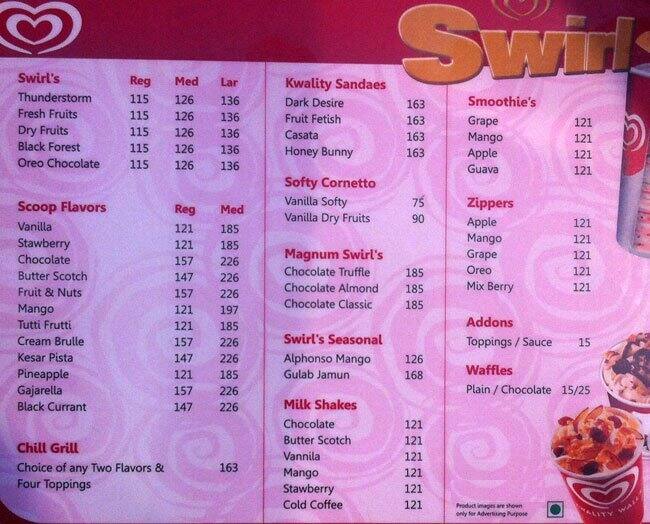Menu at Kwality Wall's Swirl's, Chennai, Shop No. 58/70