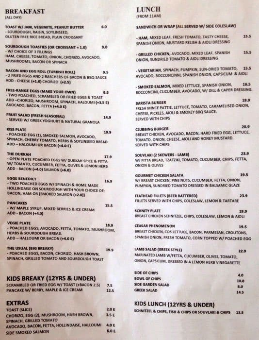 Menu at Kiss The Barista, Sandringham