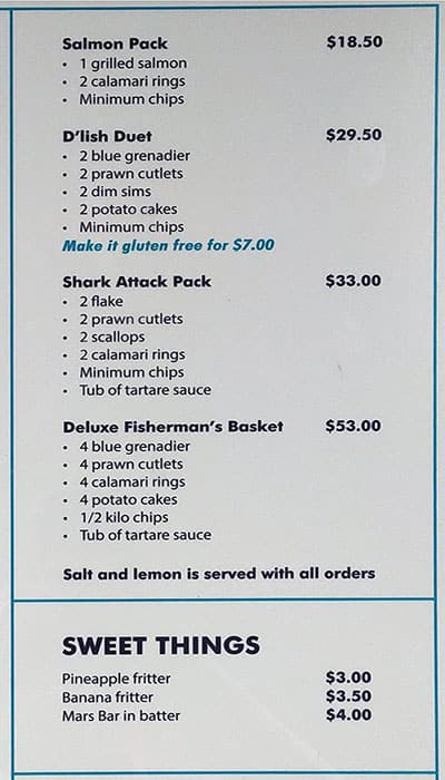 Menu at D'Lish Fish fast food, Port Melbourne, 3/105 Beach St