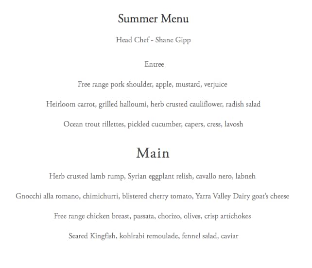 Menu at Stones of the Yarra Valley restaurant, Coldstream, 14 St Huberts Rd