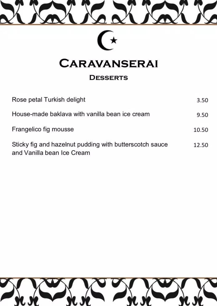 Menu at Caravanserai restaurant, West End