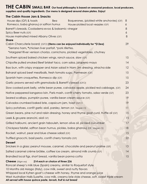 Menu at The Cabin Small Bar, Mount Hawthorn