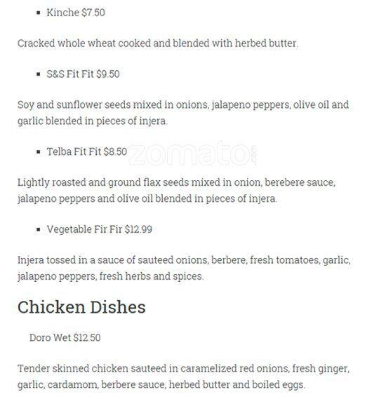Menu at Blue Nile Restaurant, Boston, 389 Centre St