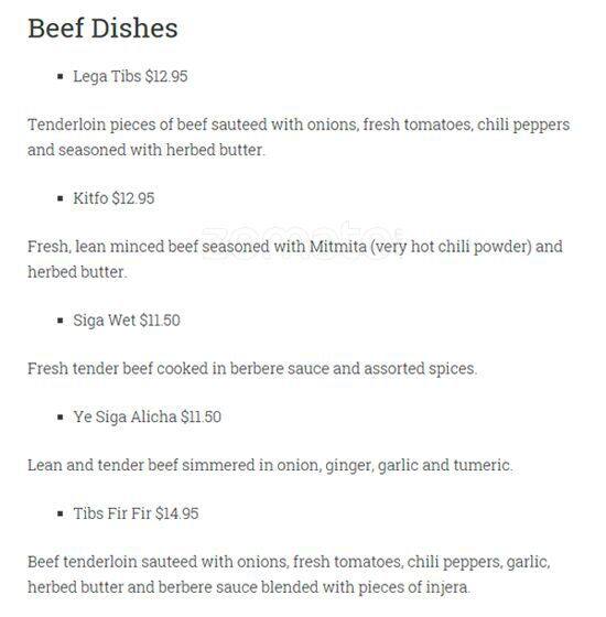 Menu at Blue Nile Restaurant, Boston, 389 Centre St
