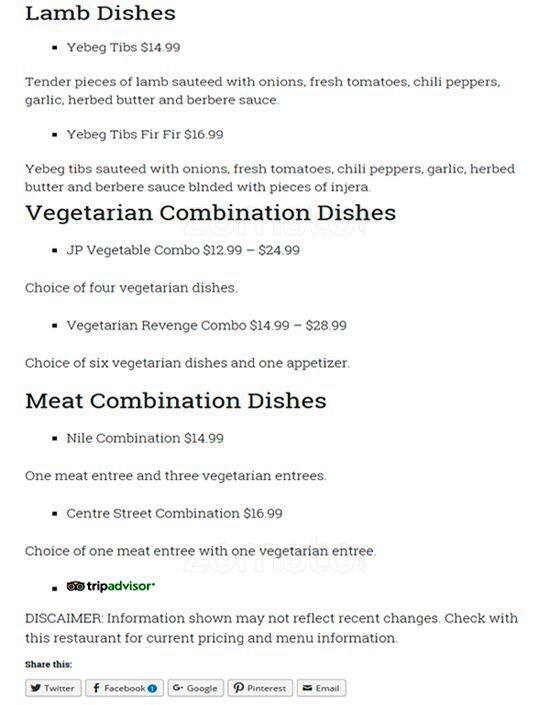 Menu at Blue Nile Restaurant, Boston, 389 Centre St
