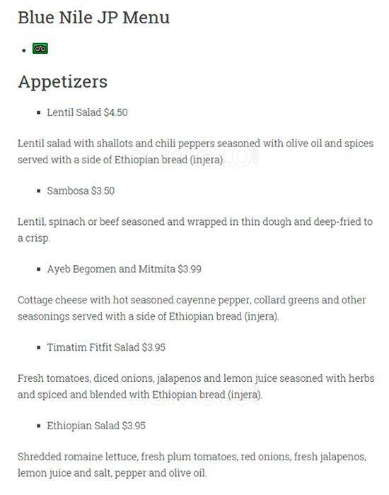 Menu at Blue Nile Restaurant, Boston, 389 Centre St