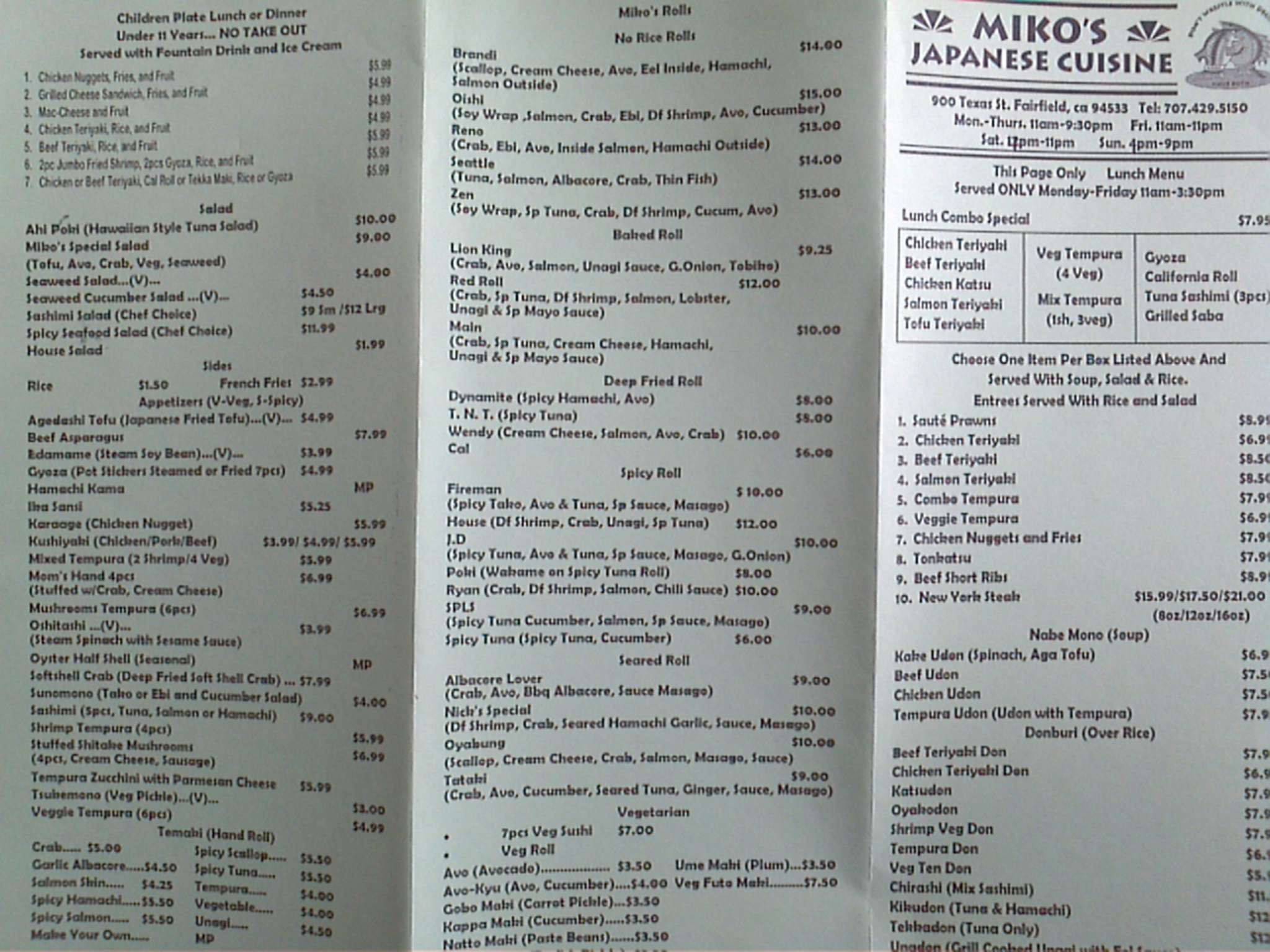 Menu at Miko's Japanese Cuisine restaurant, Fairfield, 900 Texas St