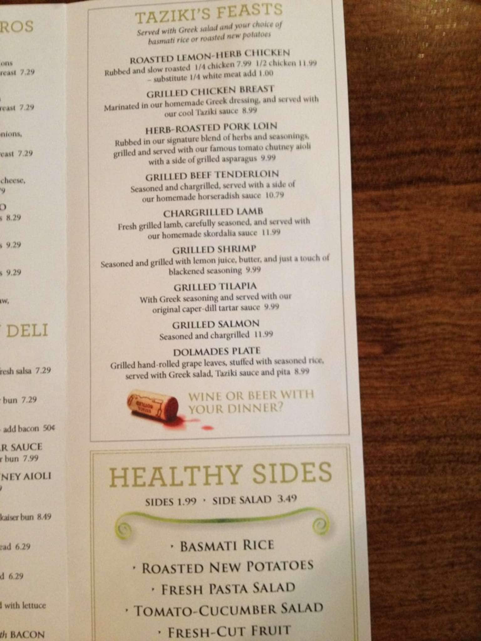 Menu at Taziki's Mediterranean Cafe, Charleston, 306 King St