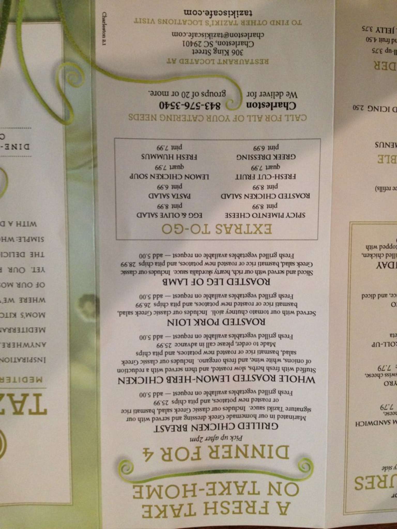 Menu at Taziki's Mediterranean Cafe, Charleston, 306 King St
