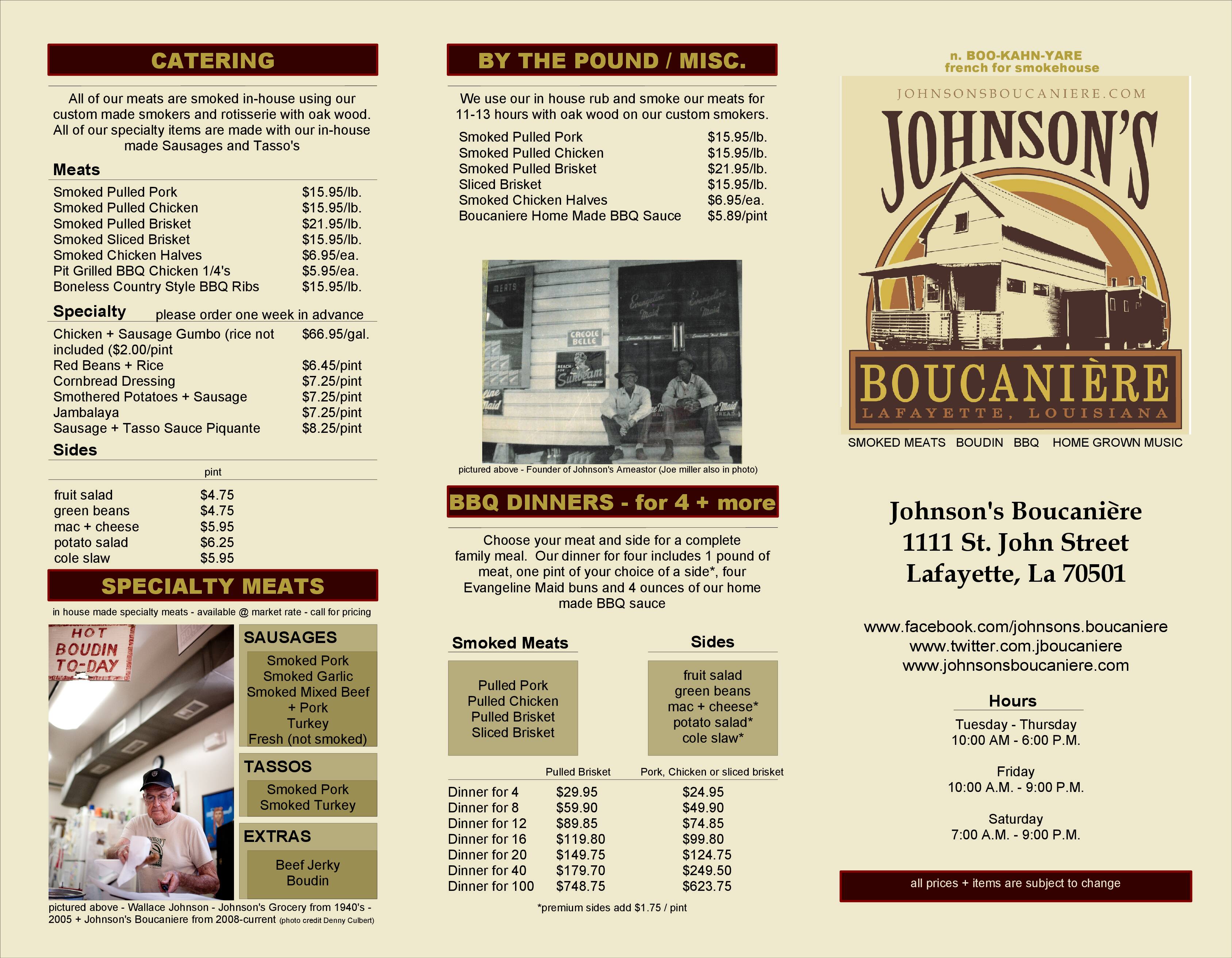 Menu at Johnson's Boucaniere BBQ, Lafayette
