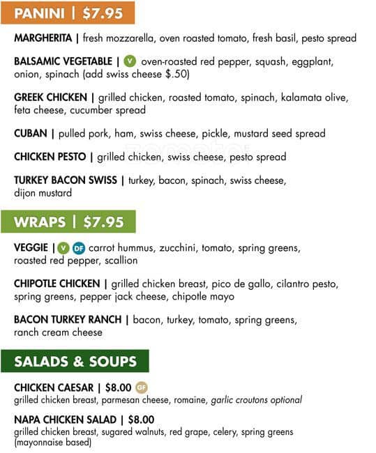 Menu at Offshoots at the Gardens Café restaurant, Denver