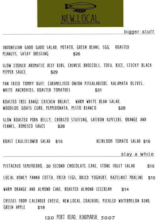 Menu at New Local Eatery restaurant, Hindmarsh